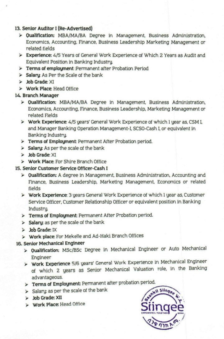 Siinqee Bank S.C. Internal and External Job Vacancy Announcement ...