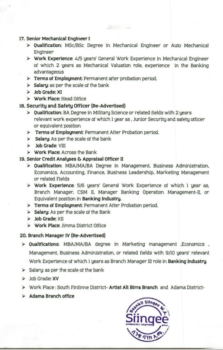 Siinqee Bank S.C. Internal and External Job Vacancy Announcement ...