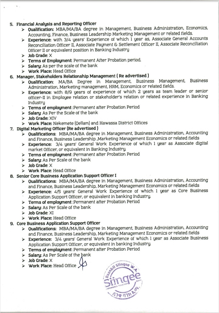 Siinqee Bank Job Vacancy Announcement - Sheger Jobs